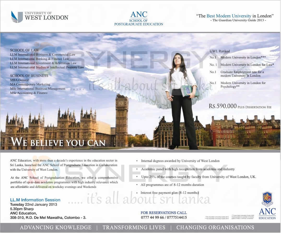 ANC Post Graduate Education LLM And MBA MA And M sc In Srilanka SynergyY
