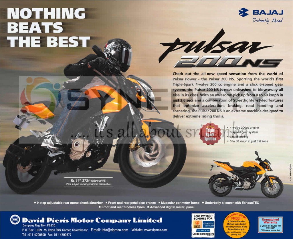 Bajaj Pulsar 200cc NS Prices in Srilanka: Rs.431,850/- – April 2017 ...